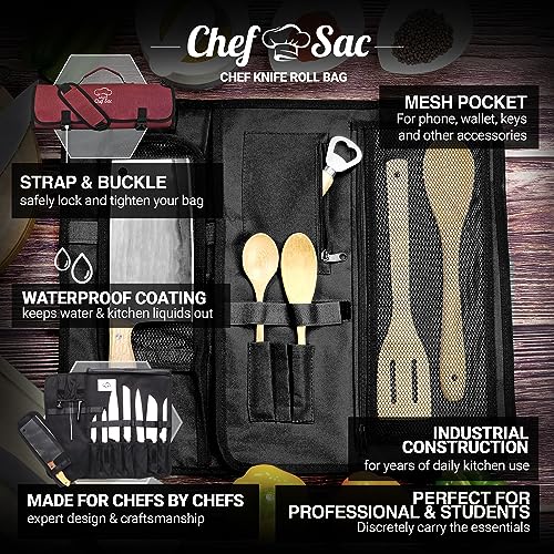 Chef Knife Roll Bag | 8+ Slots for Knives & Kitchen Tools | Water Resistant Knife Bag | Knife Carrying Case Only, Tools Not Included | Chef Knife Bag for Professional Chefs & Culinary Students (Red)