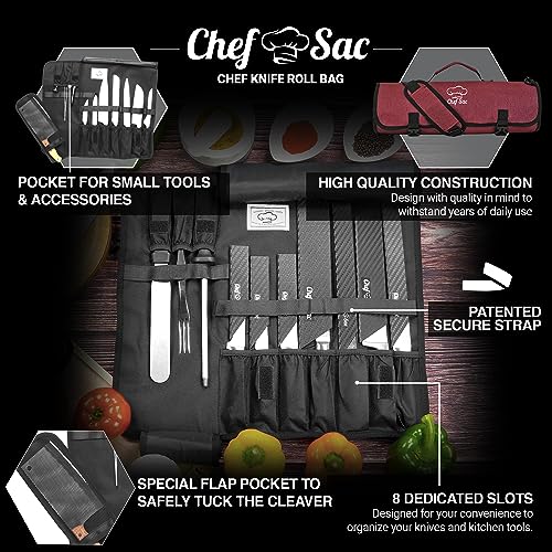 Chef Knife Roll Bag | 8+ Slots for Knives & Kitchen Tools | Water Resistant Knife Bag | Knife Carrying Case Only, Tools Not Included | Chef Knife Bag for Professional Chefs & Culinary Students (Red)