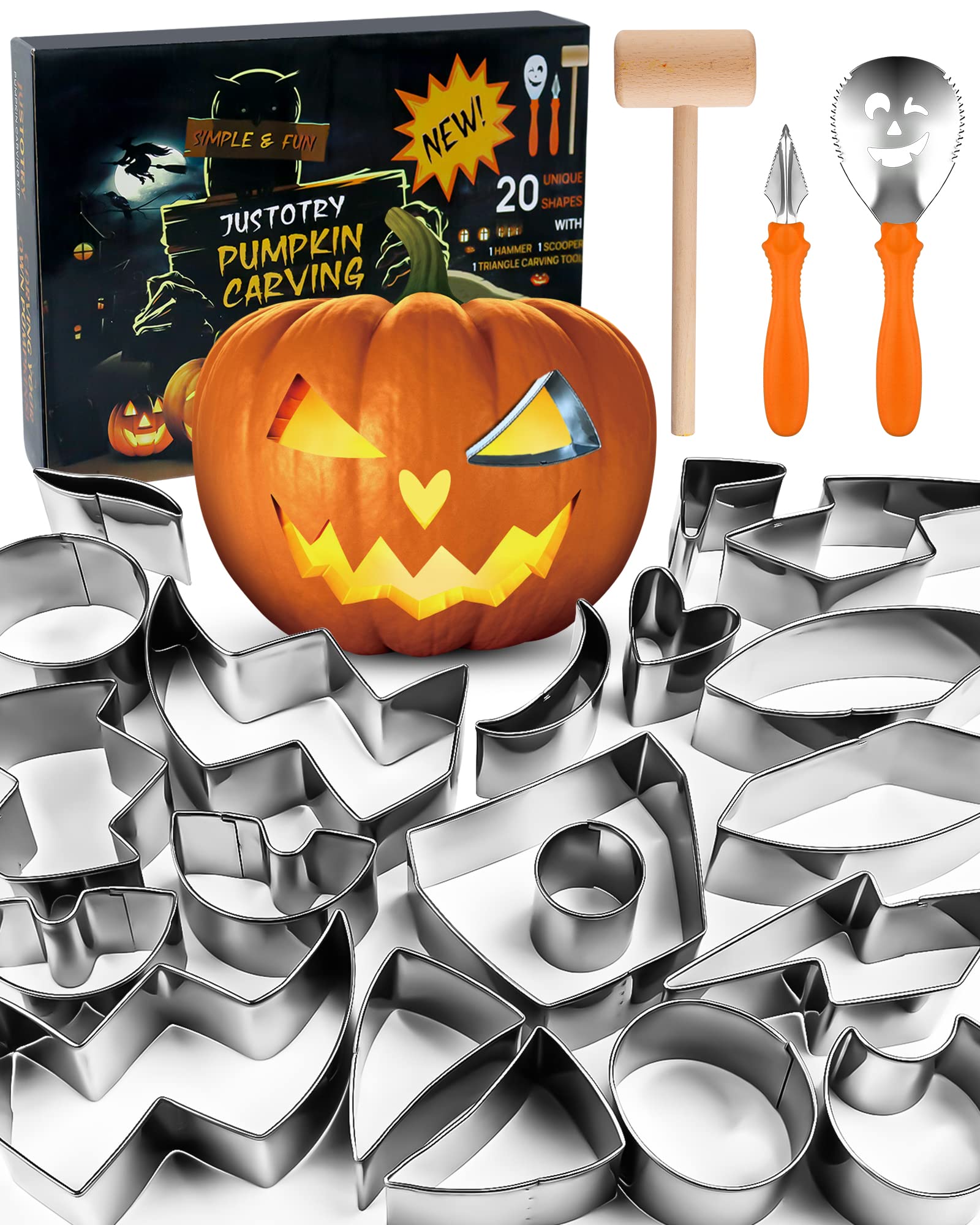 JUSTOTRY Pumpkin Carving Kit with Hammer Safe for kids, Halloween Pumpkin Cutter Tools, Durable Stainless Steel Non-knife Shaped Stencils, Pumpkin Carving Set for Adults, 23 PCS