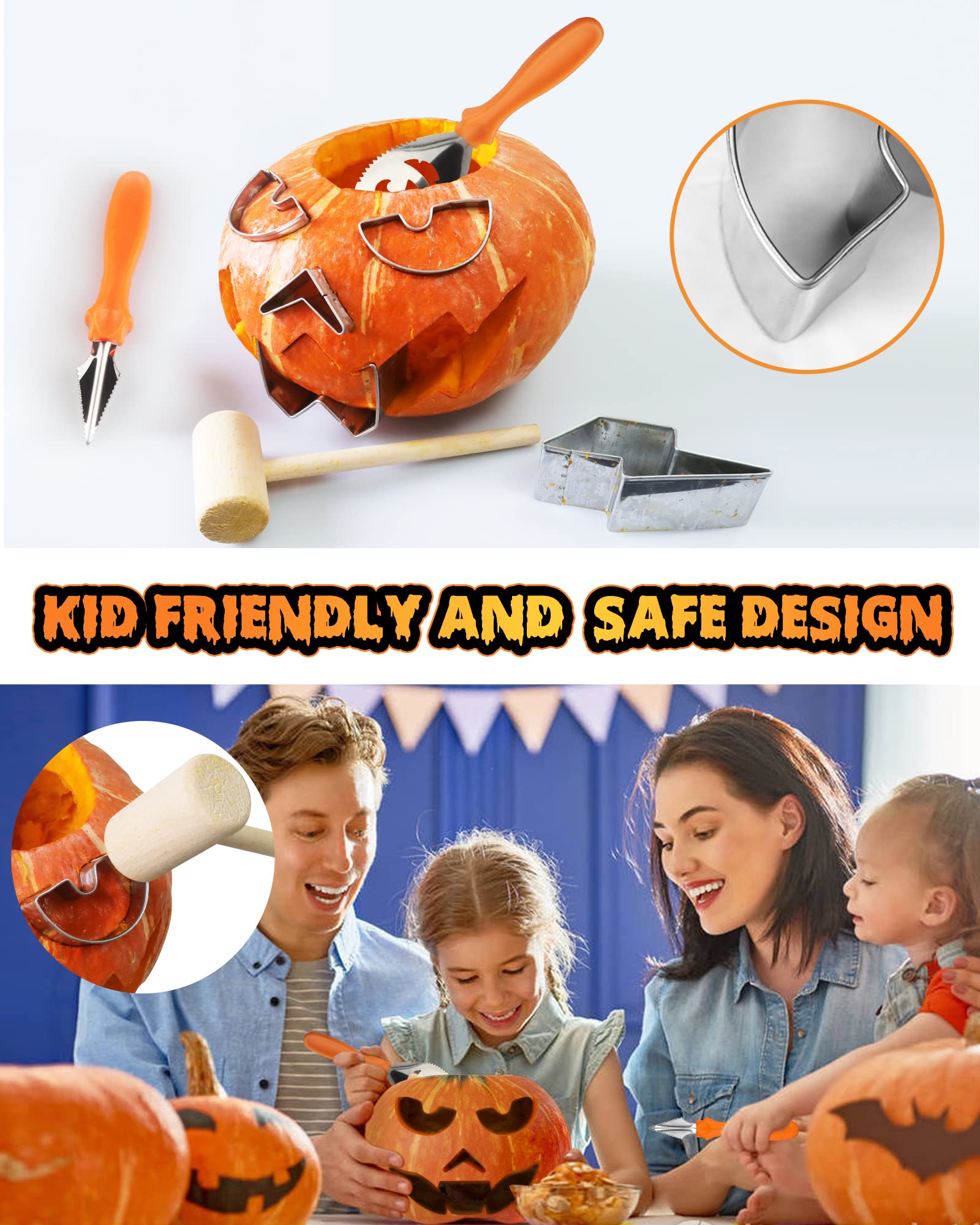 JUSTOTRY Pumpkin Carving Kit with Hammer Safe for kids, Halloween Pumpkin Cutter Tools, Durable Stainless Steel Non-knife Shaped Stencils, Pumpkin Carving Set for Adults, 23 PCS