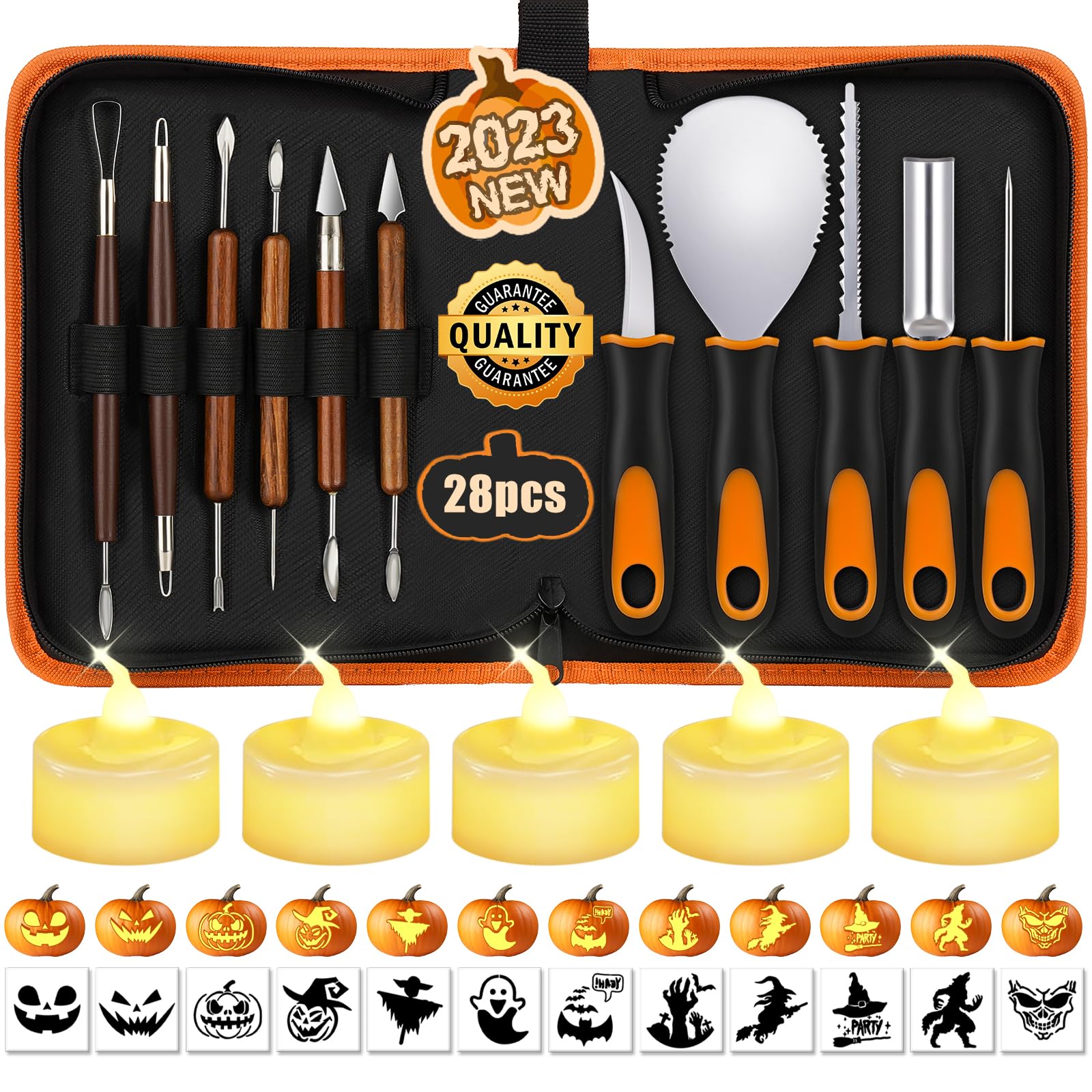 NESSTU Pumpkin Carving Kit with Stencils, 28 PCS Halloween Pumpkin Carving Tools, Professional Pumpkin Carving Set, Heavy Duty Stainless Steel Jack-O-Lanterns Pumpkin Carving Knife for Kids Adults