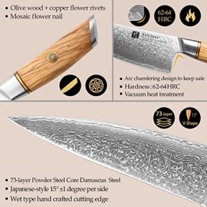 XINZUO 8-Piece Damascus kitchen Knife Set with Block& Kitchen Scissors, Hand Forged 73 Layer Damascus Powder Steel Professional Chef Knife Sets, Olive Wood Handle, Gift Box