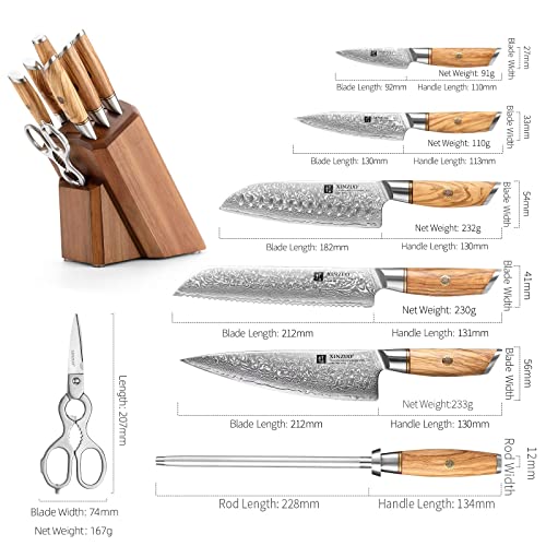 XINZUO 8-Piece Damascus kitchen Knife Set with Block& Kitchen Scissors, Hand Forged 73 Layer Damascus Powder Steel Professional Chef Knife Sets, Olive Wood Handle, Gift Box