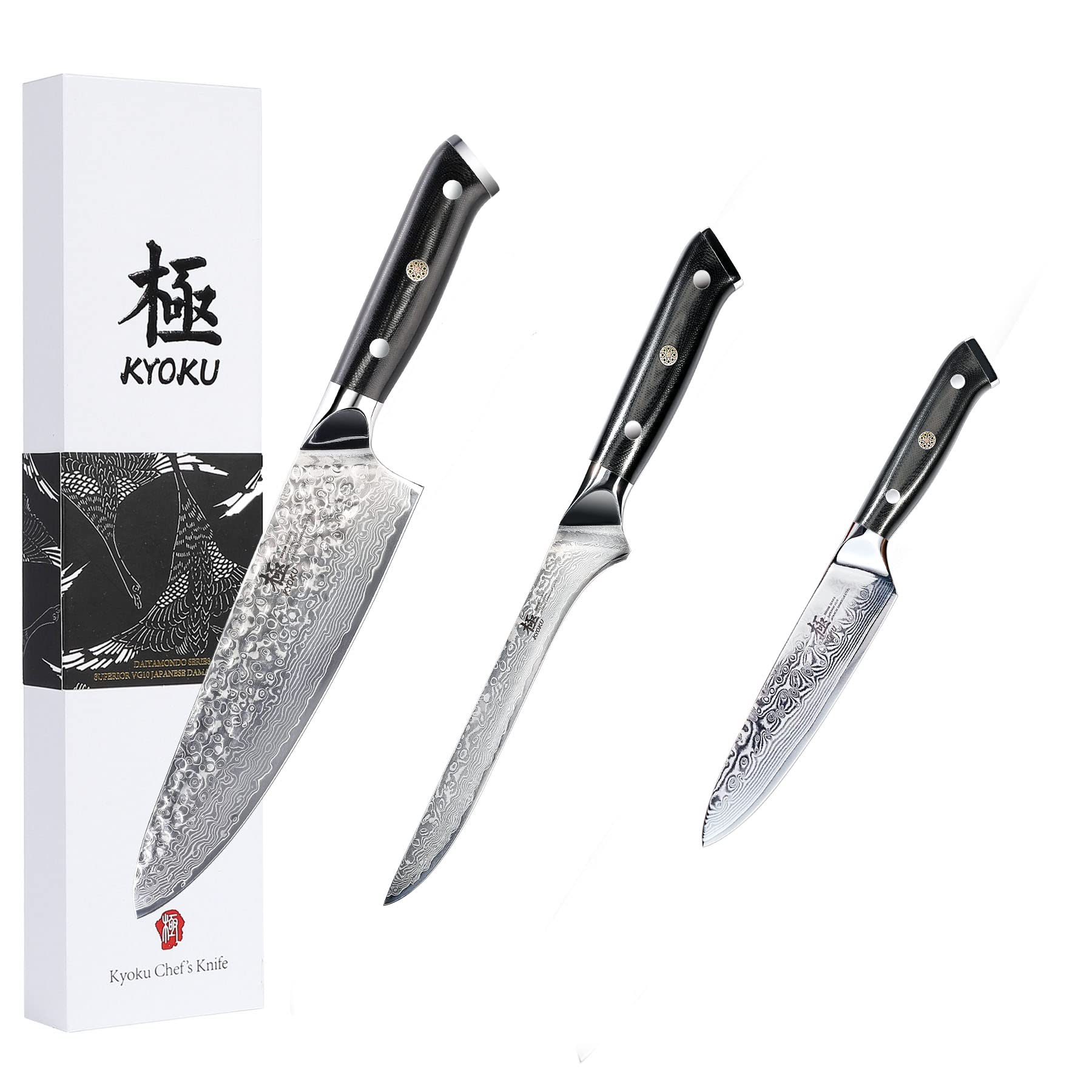 KYOKU Shogun Series 8" Professional Chef Knife + 7" Boning Knife + 6" Utility Chef Knife - Japanese VG10 Steel Core Forged Damascus Blade