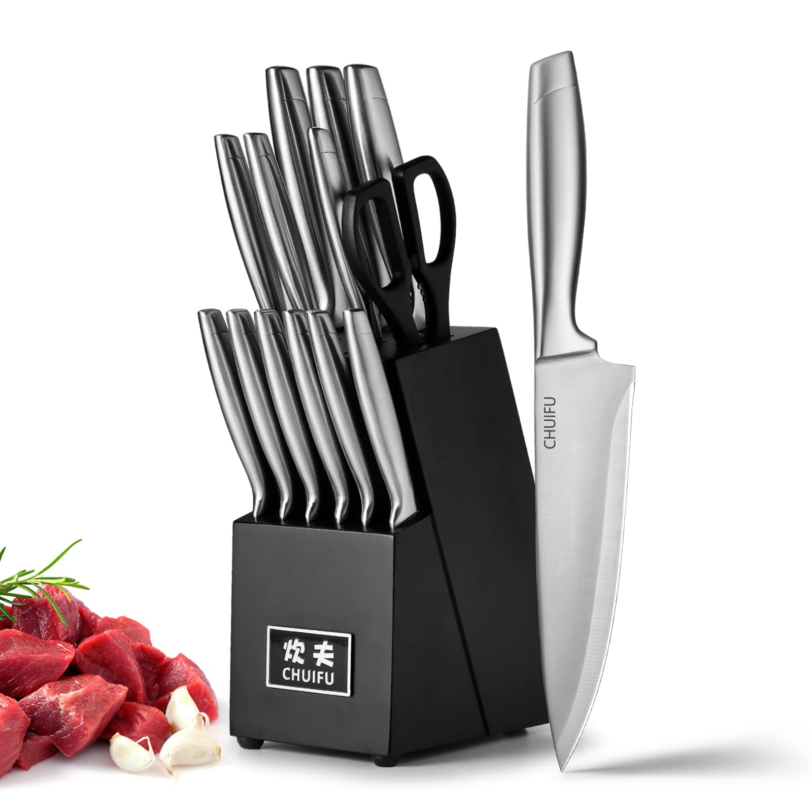 CF001 Knife Sets,14 Pieces German Stainless Steel Kitchen Knife Block silver Sets,Years of knife-making Experience Durable and Strong Knife Set, 14-Piece High Carbon Stainless Steel Kitchen Knife Hold