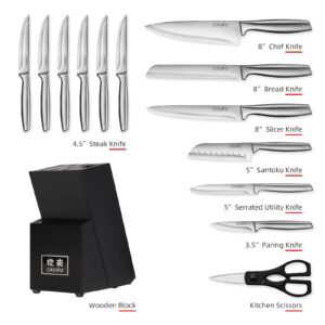 CF001 Knife Sets,14 Pieces German Stainless Steel Kitchen Knife Block silver Sets,Years of knife-making Experience Durable and Strong Knife Set, 14-Piece High Carbon Stainless Steel Kitchen Knife Hold