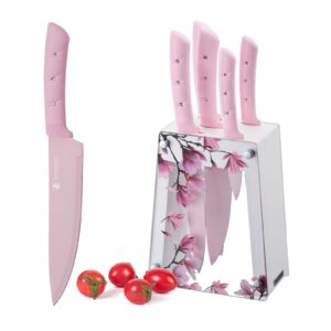 chef knife set, 6 pieces stainless steel professional kitchen knife set with acrylic stand for cooking, lightweight strong anti-slip pink knives set kitchen gifts for women (pink) one size