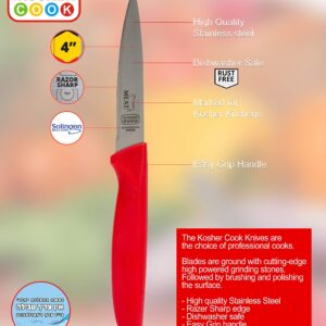 The Kosher Cook Meat Red Kitchen Knife - 4” Steak and Vegetable Knife - Razor Sharp Pointed Tip, Straight Edge - Color Coded Kitchen Tools