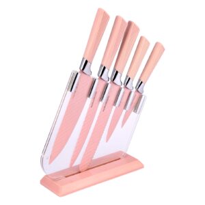 chuyiren pink knife set of 6, pink kitchen knives sets with knife block, chef knife set for kitchen, dorm,camping, hiking, picnicking, bbq dining products