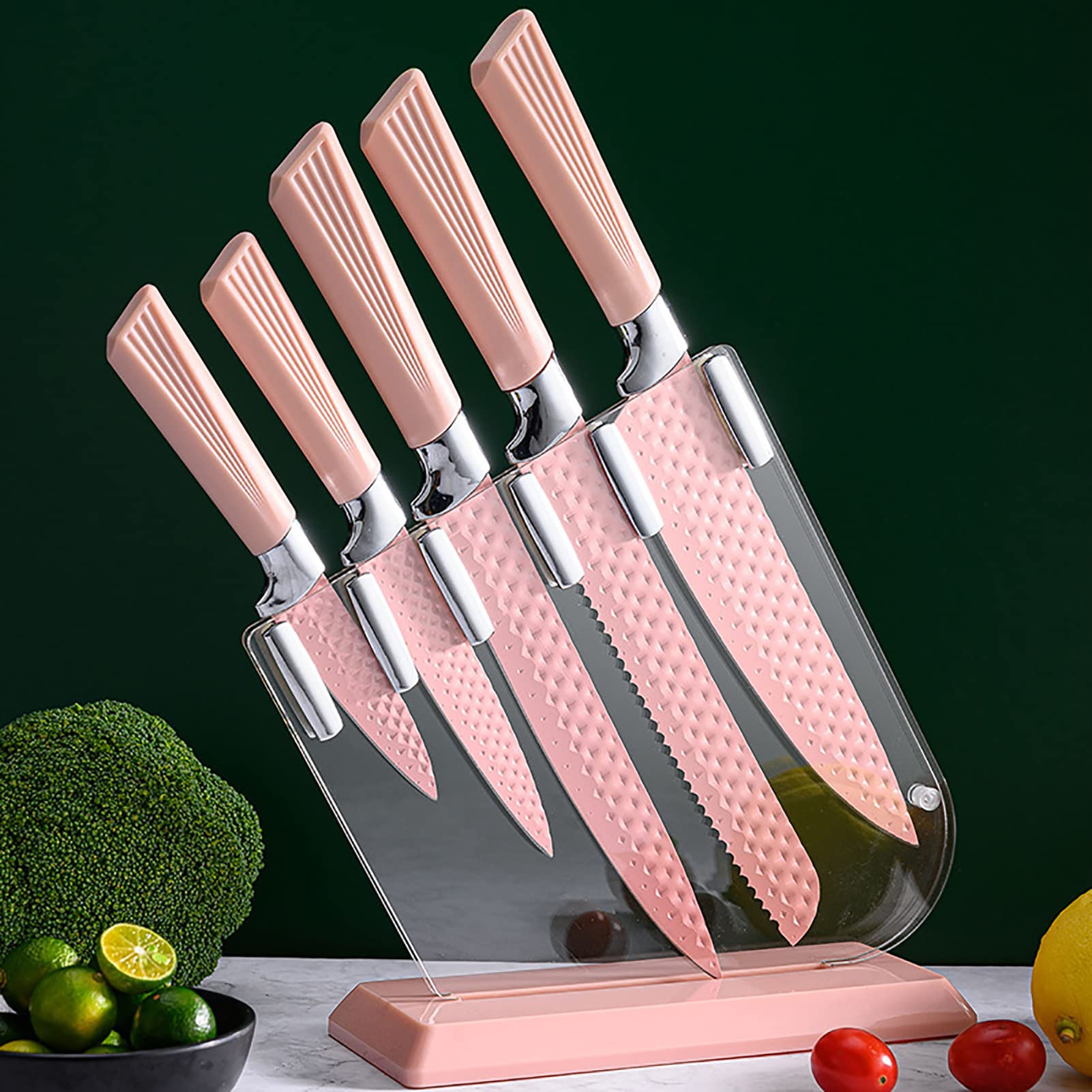 CHUYIREN Pink Knife Set of 6, Pink Kitchen Knives Sets with Knife Block, Chef Knife Set for Kitchen, Dorm,Camping, Hiking, Picnicking, BBQ Dining Products