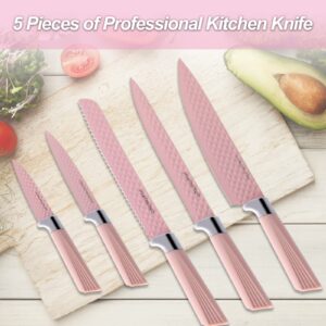 CHUYIREN Pink Knife Set of 6, Pink Kitchen Knives Sets with Knife Block, Chef Knife Set for Kitchen, Dorm,Camping, Hiking, Picnicking, BBQ Dining Products