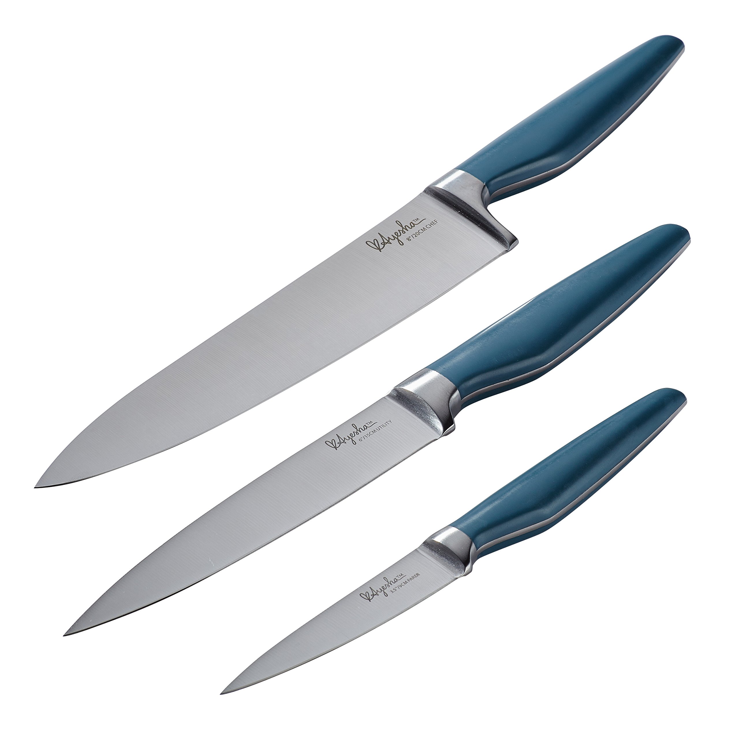 Ayesha Curry Cutlery Japanese Stainless Steel Knife Cooking Knives Set with Sheaths, 8 Inch Chef Knife, 6 Inch Utility Knife, 3.5 Inch Paring Knife, Twilight Teal Blue