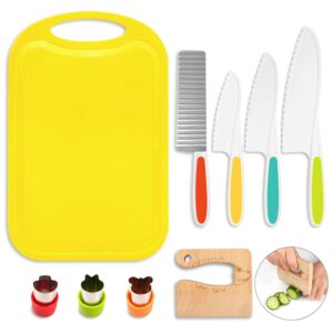 adima 9 pieces kids kitchen knife set cooking toddler knife set include 3 toddler knives with serrated edges, cutting boards, crinkle cutter, wooden crocodile slicer for kids safe knife set