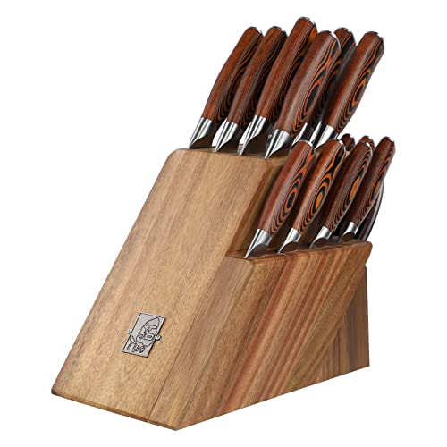 TUO 17 PCS Kitchen Knife Set for Kitchen with Block, German X50CrMov15 Steel Blade Knife Block Set, Full Tang Pakkawood Handle