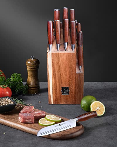 TUO 17 PCS Kitchen Knife Set for Kitchen with Block, German X50CrMov15 Steel Blade Knife Block Set, Full Tang Pakkawood Handle