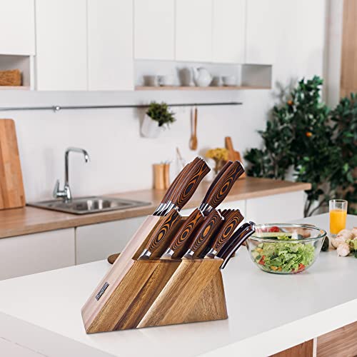 TUO 17 PCS Kitchen Knife Set for Kitchen with Block, German X50CrMov15 Steel Blade Knife Block Set, Full Tang Pakkawood Handle