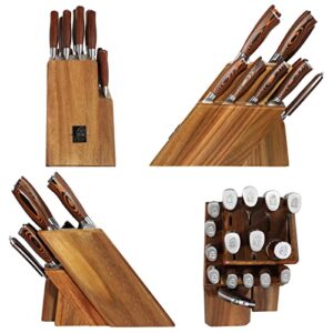 TUO 17 PCS Kitchen Knife Set for Kitchen with Block, German X50CrMov15 Steel Blade Knife Block Set, Full Tang Pakkawood Handle