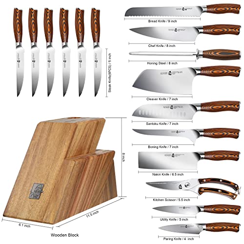 TUO 17 PCS Kitchen Knife Set for Kitchen with Block, German X50CrMov15 Steel Blade Knife Block Set, Full Tang Pakkawood Handle