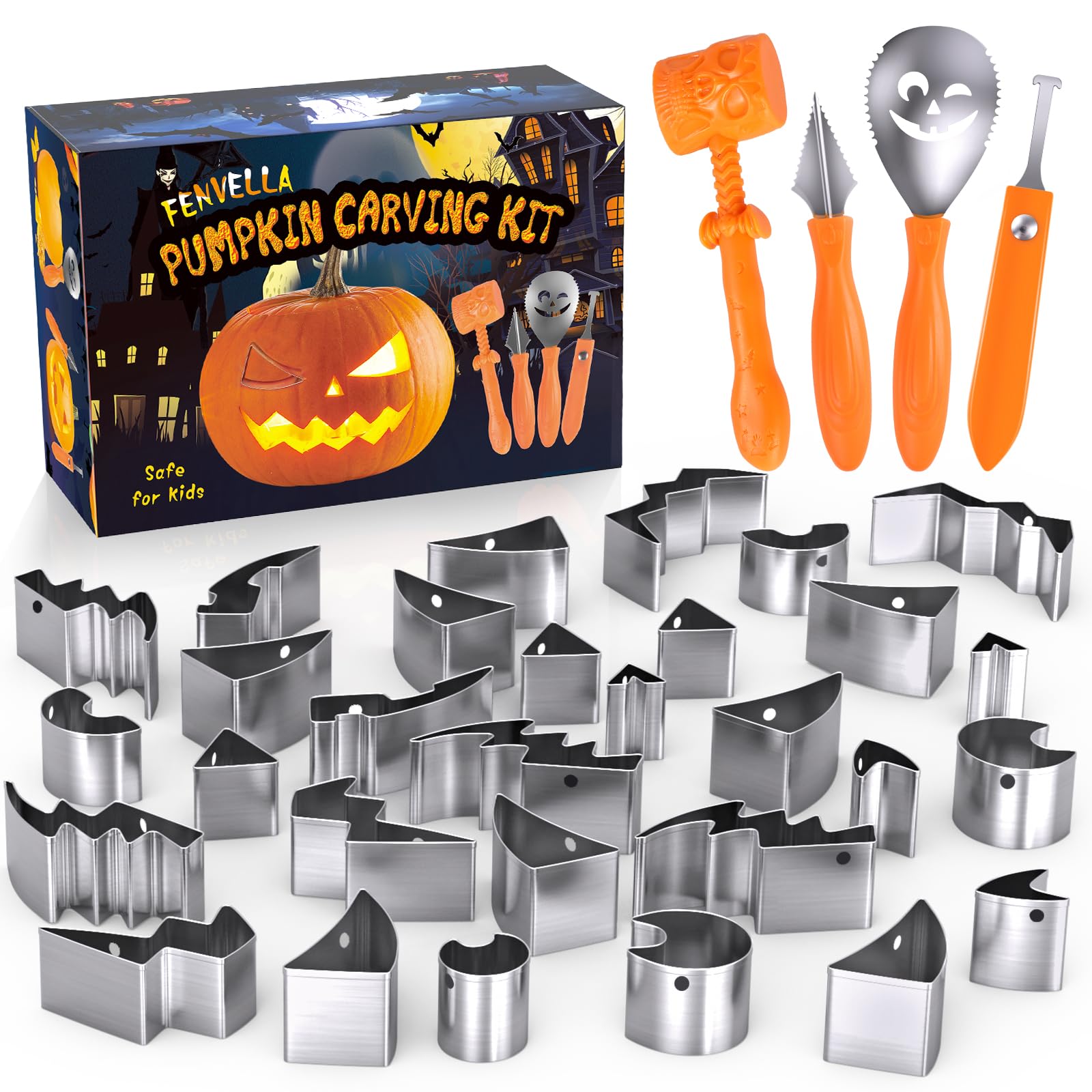 Fenvella Pumpkin Carving Kit for Kids with Hammer, 25 PCS Pumpkin Carving Tools Heavy Duty Stainless Steel Pumpkin Carver Set, Halloween Pumpkin Carving Stencils, Safe Carving Tools Kit for Adults