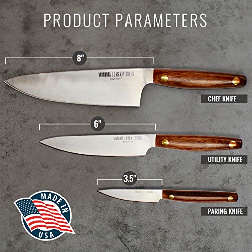 Virginia Boys Kitchens 3 Piece Chef Knife Set - Made in USA 420 High Carbon Stainless Steel - Chef, Utilty, Paring Knives