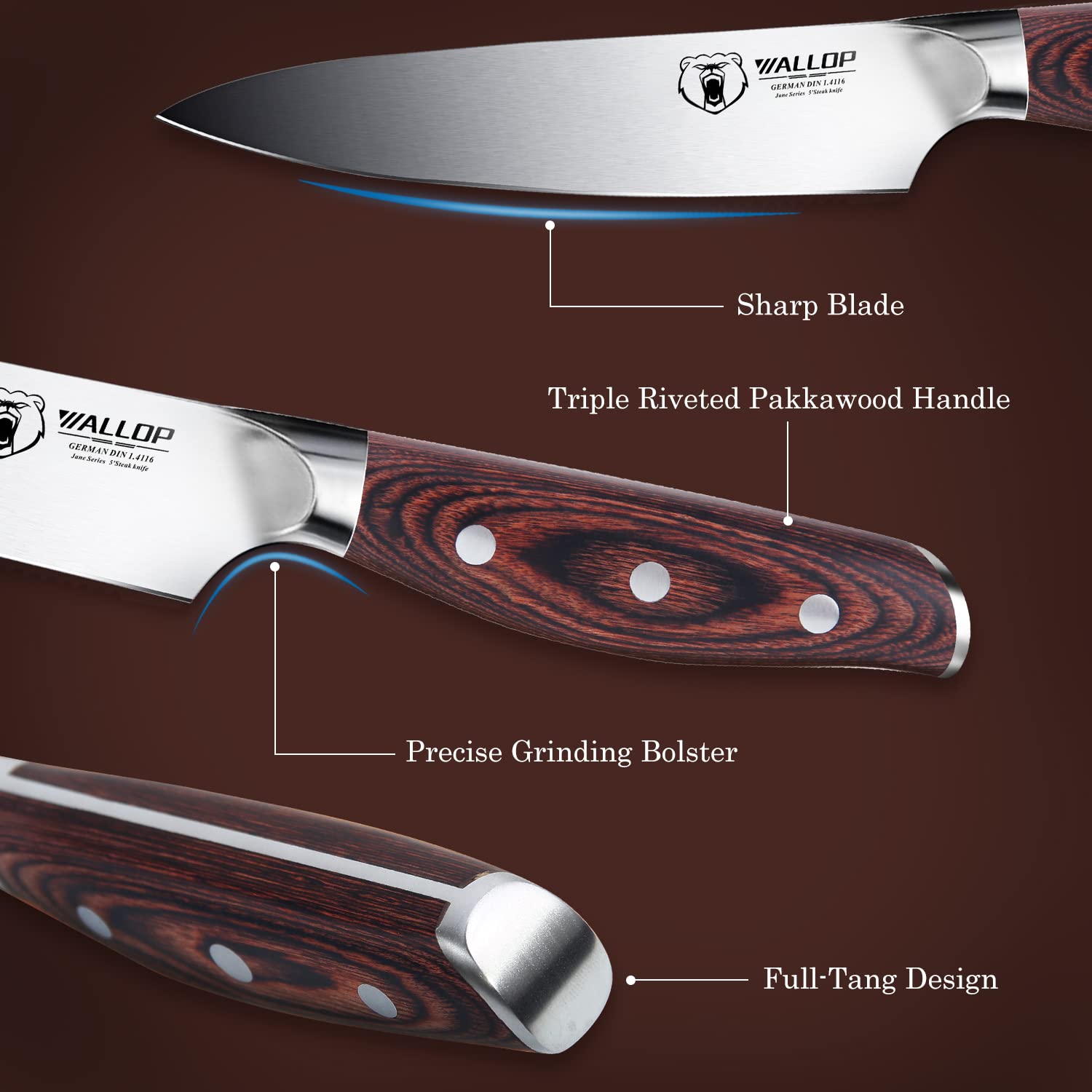 WALLOP Senior Steak Knife Set - 4 Piece Steak Knife 5 inch Straight Edge Steak Knife Non Serrated, High Carbon German Stainless Steel Kitchen Knife, Pakkawood Handle Ergonomics Design - Jane Series