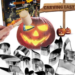 JUSTOTRY Pumpkin Carving Kit with Hammer Safe for kids, Halloween Pumpkin Carving Tools, Durable Stainless Steel Non-knife Pumpkin Carving Stencils, Pumpkin Carving Set for Adults, 16 PCS