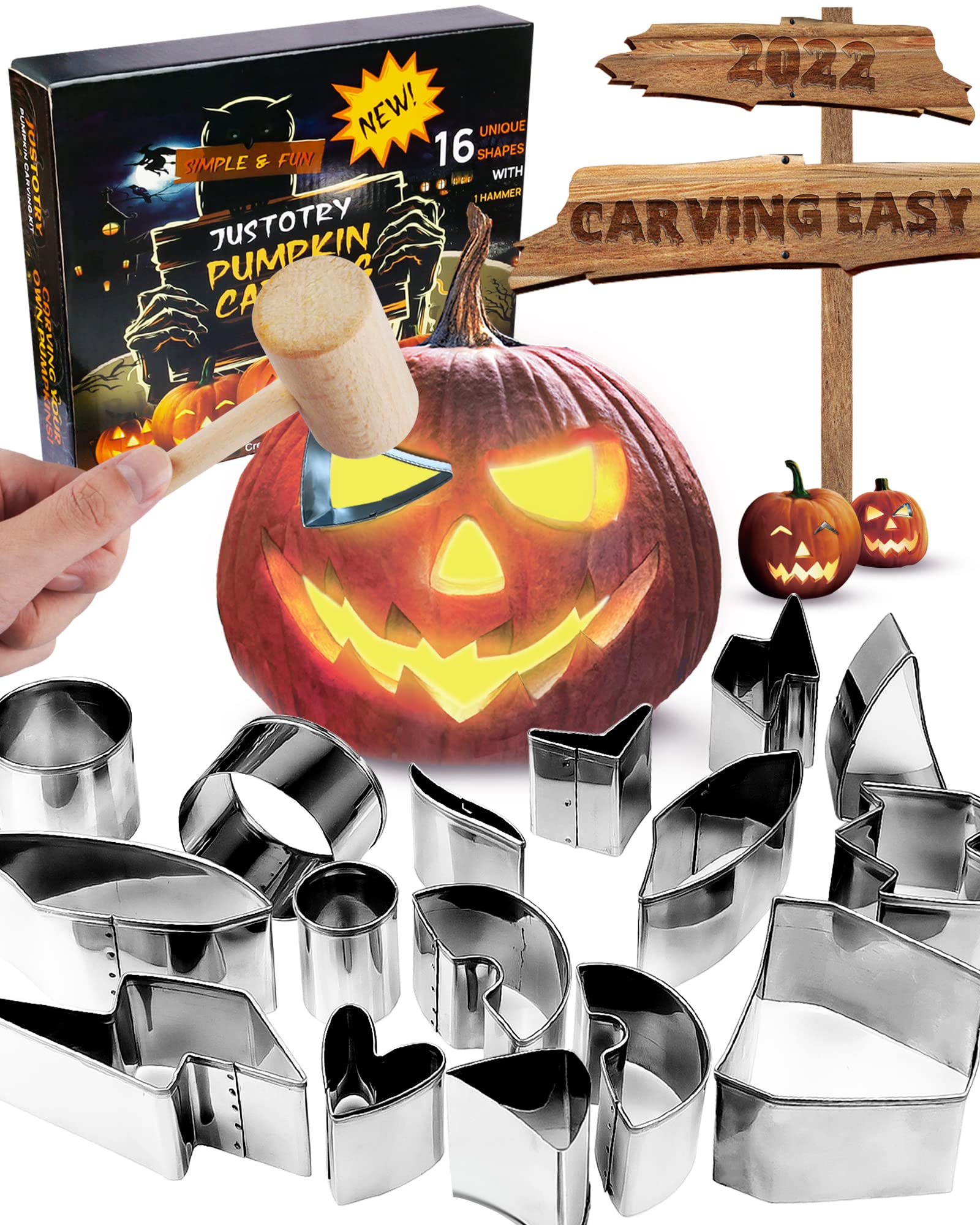 JUSTOTRY Pumpkin Carving Kit with Hammer Safe for kids, Halloween Pumpkin Carving Tools, Durable Stainless Steel Non-knife Pumpkin Carving Stencils, Pumpkin Carving Set for Adults, 16 PCS