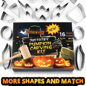 JUSTOTRY Pumpkin Carving Kit with Hammer Safe for kids, Halloween Pumpkin Carving Tools, Durable Stainless Steel Non-knife Pumpkin Carving Stencils, Pumpkin Carving Set for Adults, 16 PCS