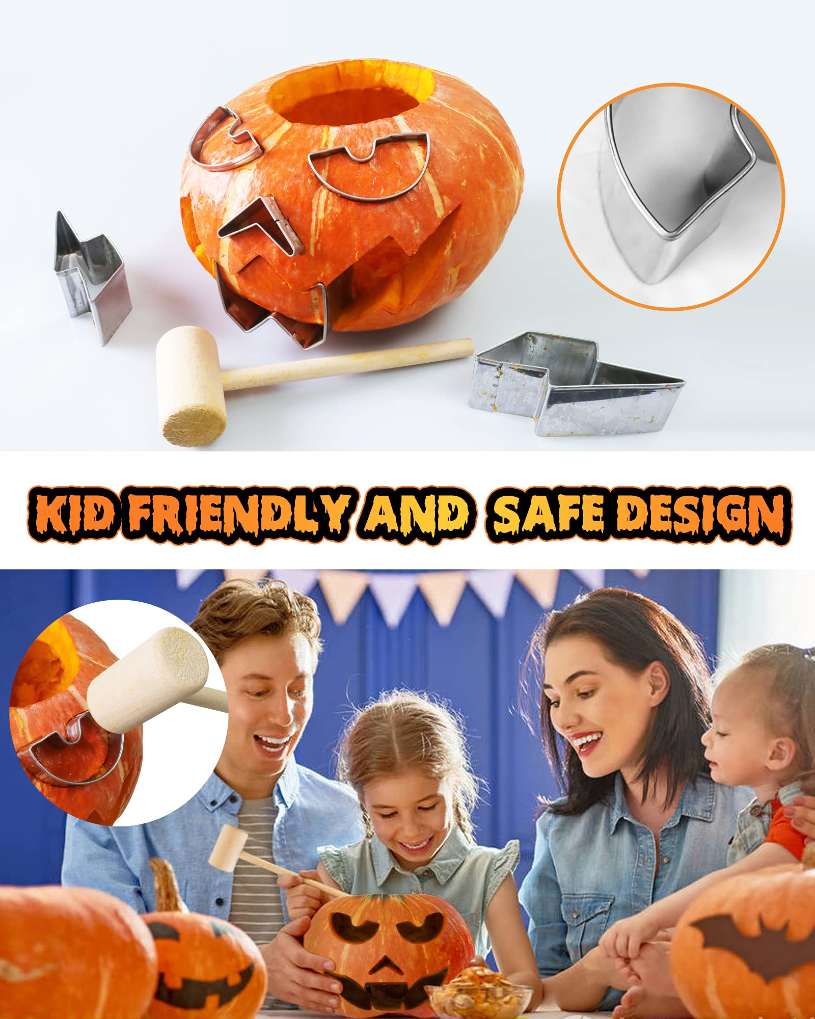 JUSTOTRY Pumpkin Carving Kit with Hammer Safe for kids, Halloween Pumpkin Carving Tools, Durable Stainless Steel Non-knife Pumpkin Carving Stencils, Pumpkin Carving Set for Adults, 16 PCS