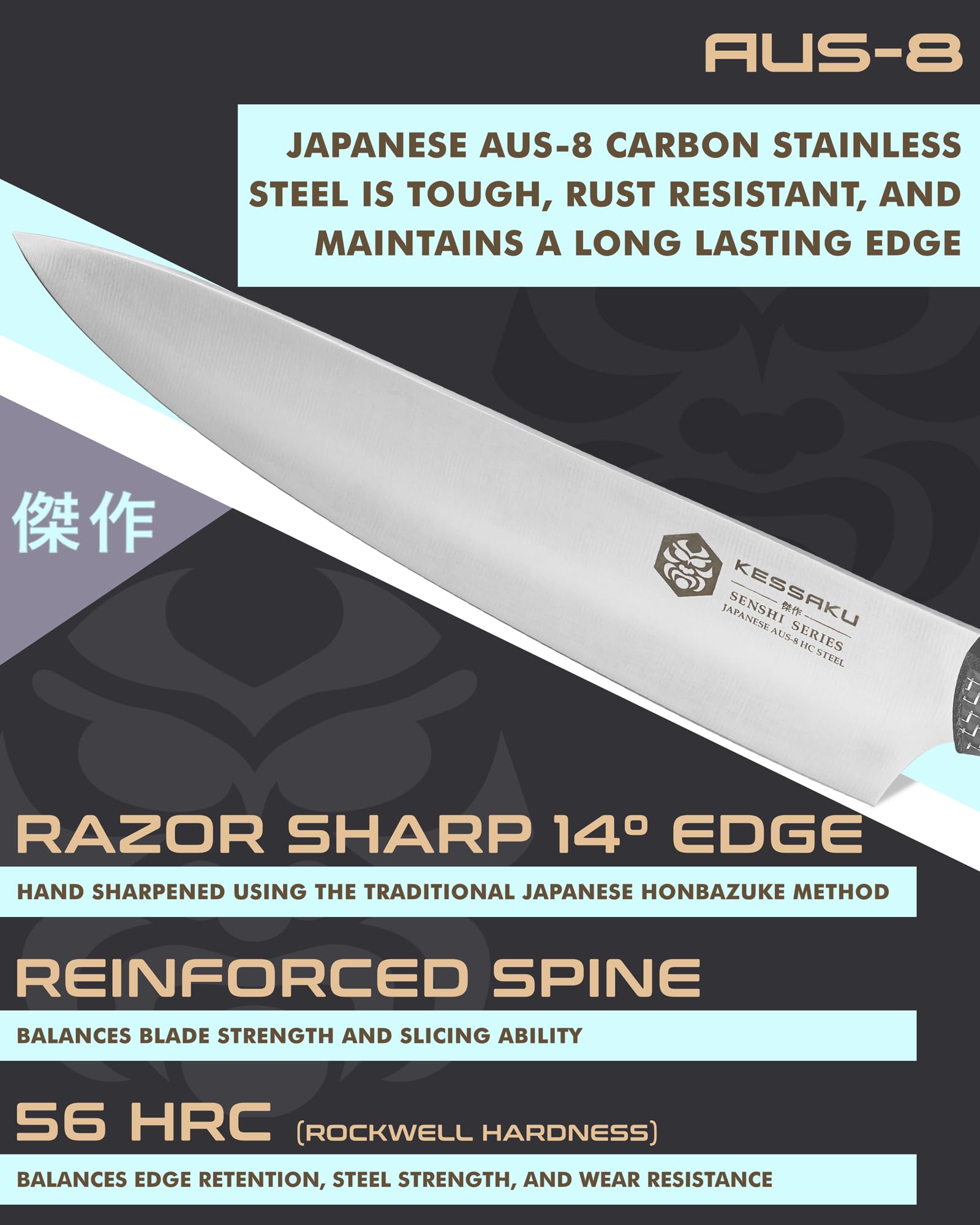 KESSAKU 8-Inch Chef Knife - Senshi Series - Forged Japanese AUS-8 High Carbon Stainless Steel - Carbon Fiber G10 Handle with Sheath