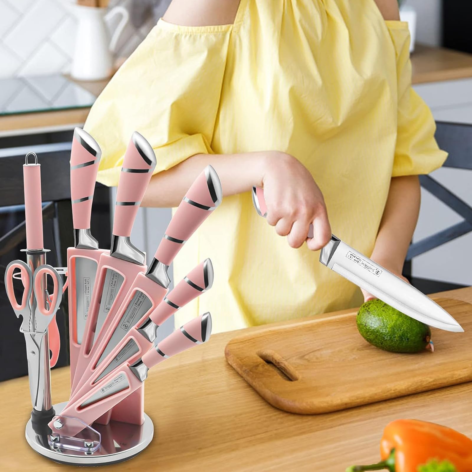 Kitchen Knife Set, 9-Pieces Pink Professional Sharp Chef Knife Set with Acrylic Stand, Striped Hollow Handle Knife Block Set with Gift Box for Family Lover Friends