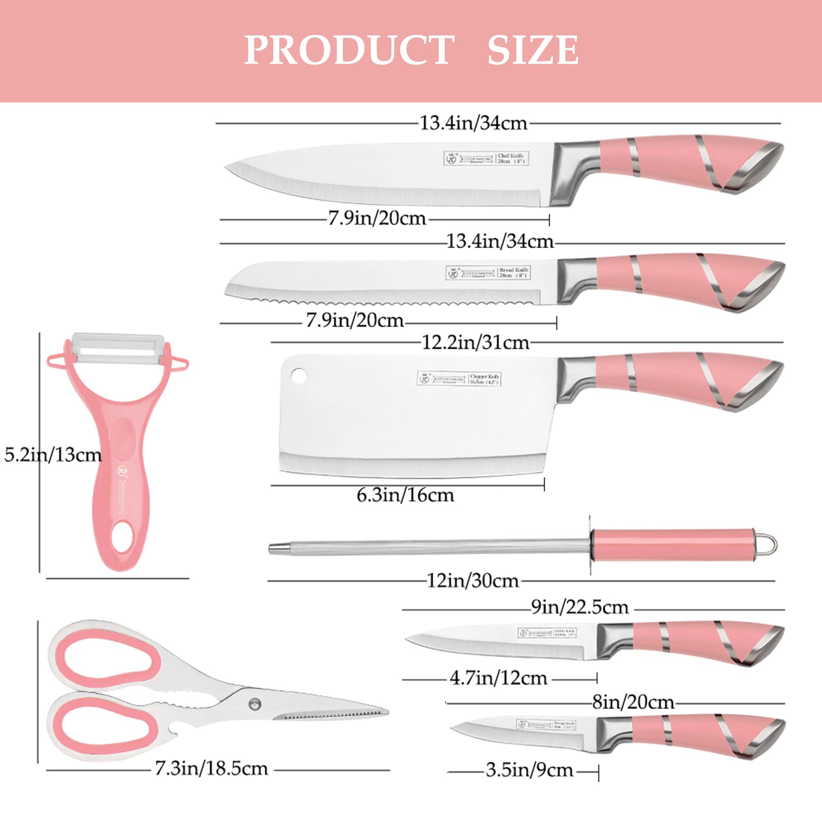 Kitchen Knife Set, 9-Pieces Pink Professional Sharp Chef Knife Set with Acrylic Stand, Striped Hollow Handle Knife Block Set with Gift Box for Family Lover Friends