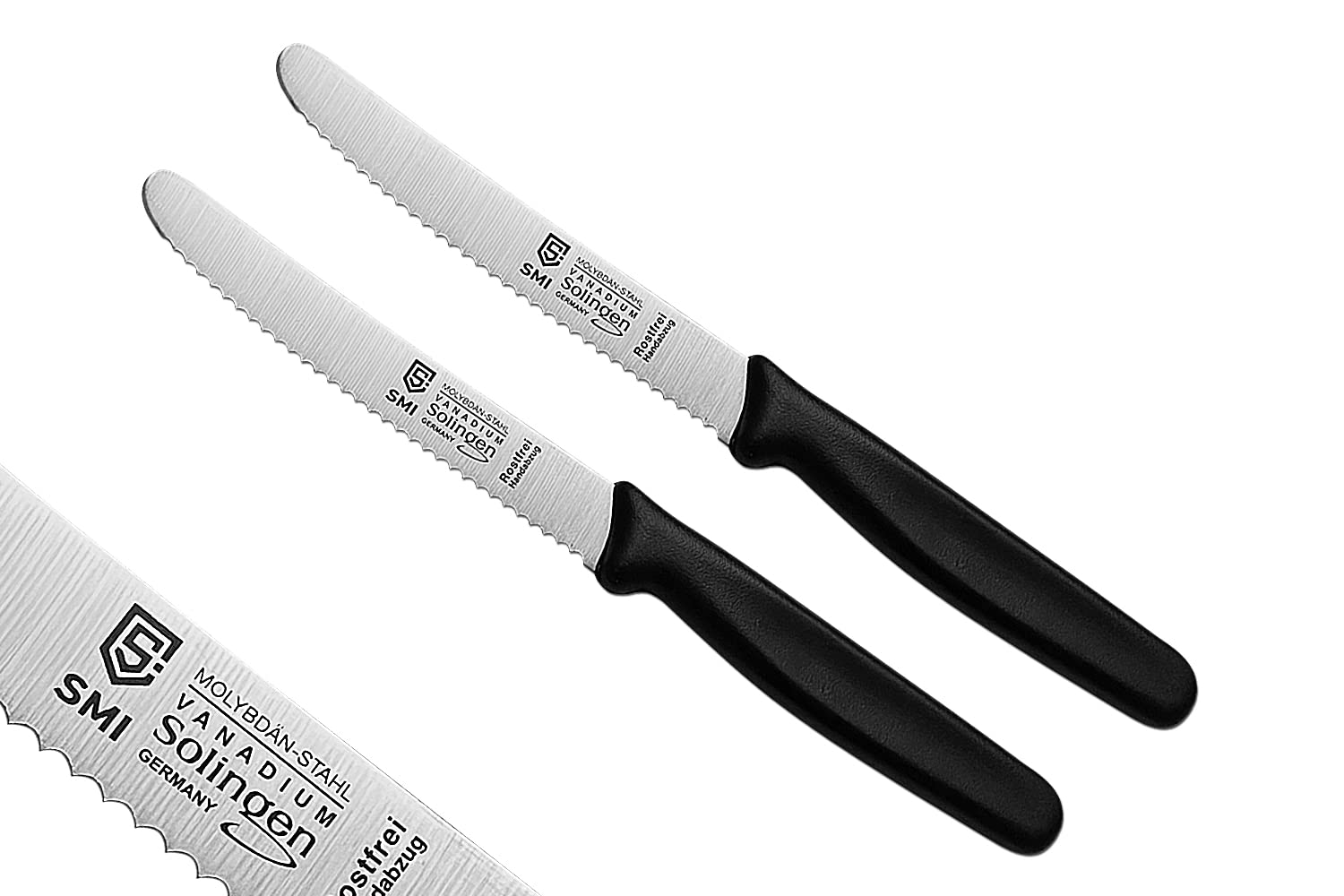 SMI - 2 Pcs Tomato Knife Serrated Black Paring Knife Steak Knife Solingen Knife Made in Germany