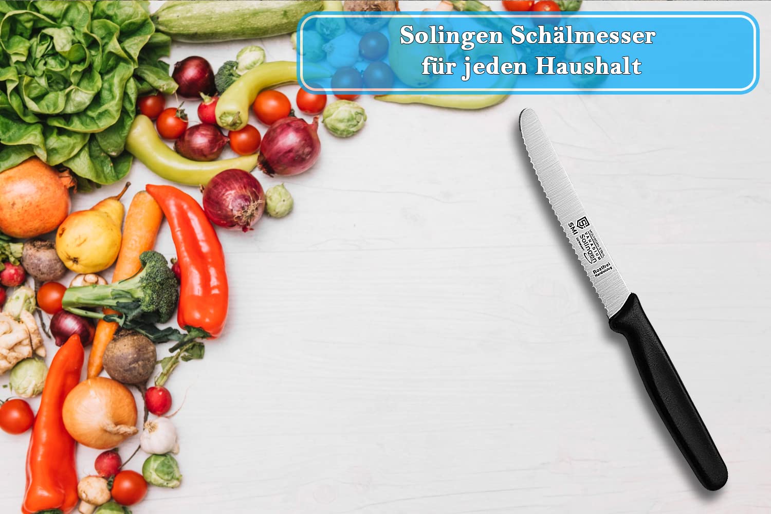 SMI - 2 Pcs Tomato Knife Serrated Black Paring Knife Steak Knife Solingen Knife Made in Germany