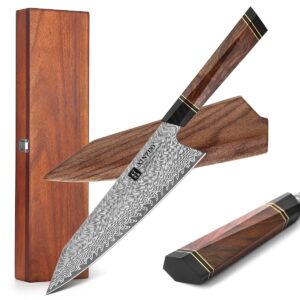 xinzuo 8.5 inch chef knife damascus steel hand forged kiritsuke kitchen knife, professional gyuto knife-desert ironwood handle with black walnut wooden sheath and acacia wooden box