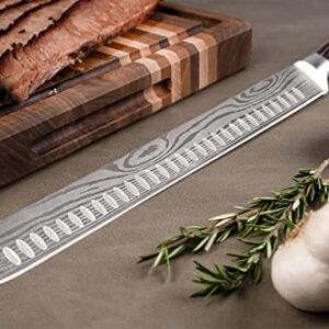 SENKEN 12" Brisket Knife with Engraved Damascus Pattern - Ultra Sharp Slicing Carving Knife for Brisket, Meat, Roasts, and Large Fruit - High Carbon Stainless Steel with Smoothly Finished Wood Handle