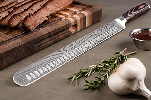 SENKEN 12" Brisket Knife with Engraved Damascus Pattern - Ultra Sharp Slicing Carving Knife for Brisket, Meat, Roasts, and Large Fruit - High Carbon Stainless Steel with Smoothly Finished Wood Handle