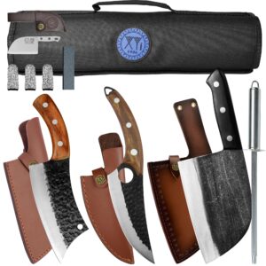 xyj full tang 6.7 inch forging butcher knife 6.2 inch camping kitchen knives 6 inch outdoor boning knife with carry sheath&chef knives bag&cutlery gadget set (brown)