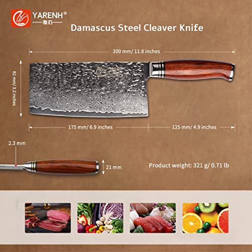 YARENH 7 Inch Chinese Cleaver Knife, 73 Layers Damascus High Carbon Stainless Steel, Full Tang, Natural Sandalwood Handle, Gift Box