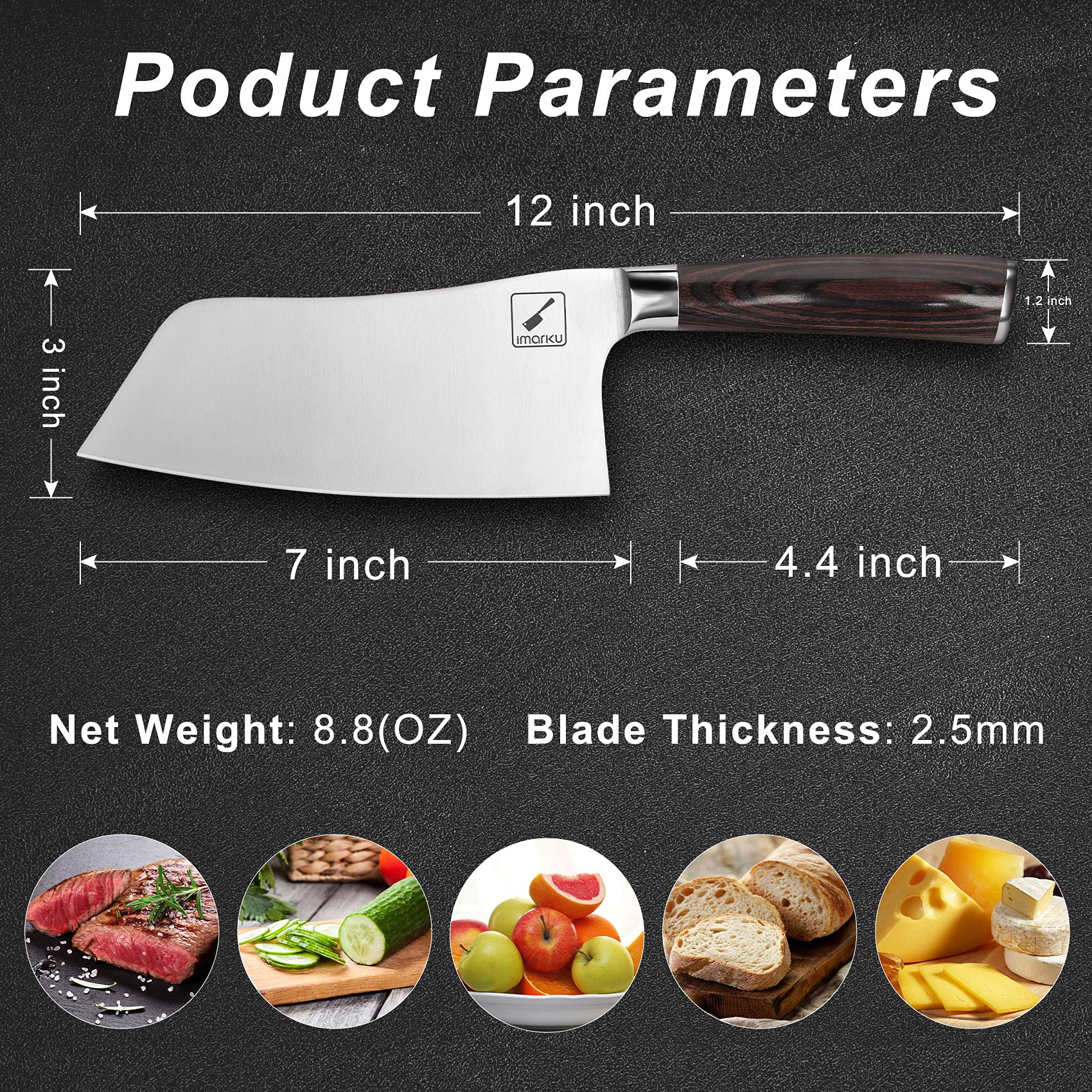 lmarku 7 Inch Meat Cleaver Cleaver Knife Japanese Cleaver Knife High Carbon Steel Chef Knife with Ergonomic Pakka Handle 7CR17MOV German High Carbon Stainless Steel Butcher Knife