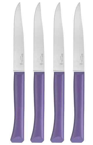 Opinel Bon Appetit + Table Knives, 4 Piece Set Steak Knives, High Carbon Steel Dinner Knives for Parties, Entertaining, or Everyday Use, Polymer Handles, Dishwasher Safe, Made in France (Lavender)