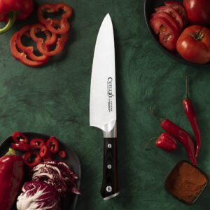 Cutluxe Chef Knife and Honing Steel Rod– Forged High Carbon German Steel – Full Tang & Razor Sharp – Ergonomic Handle Design – Artisan Series