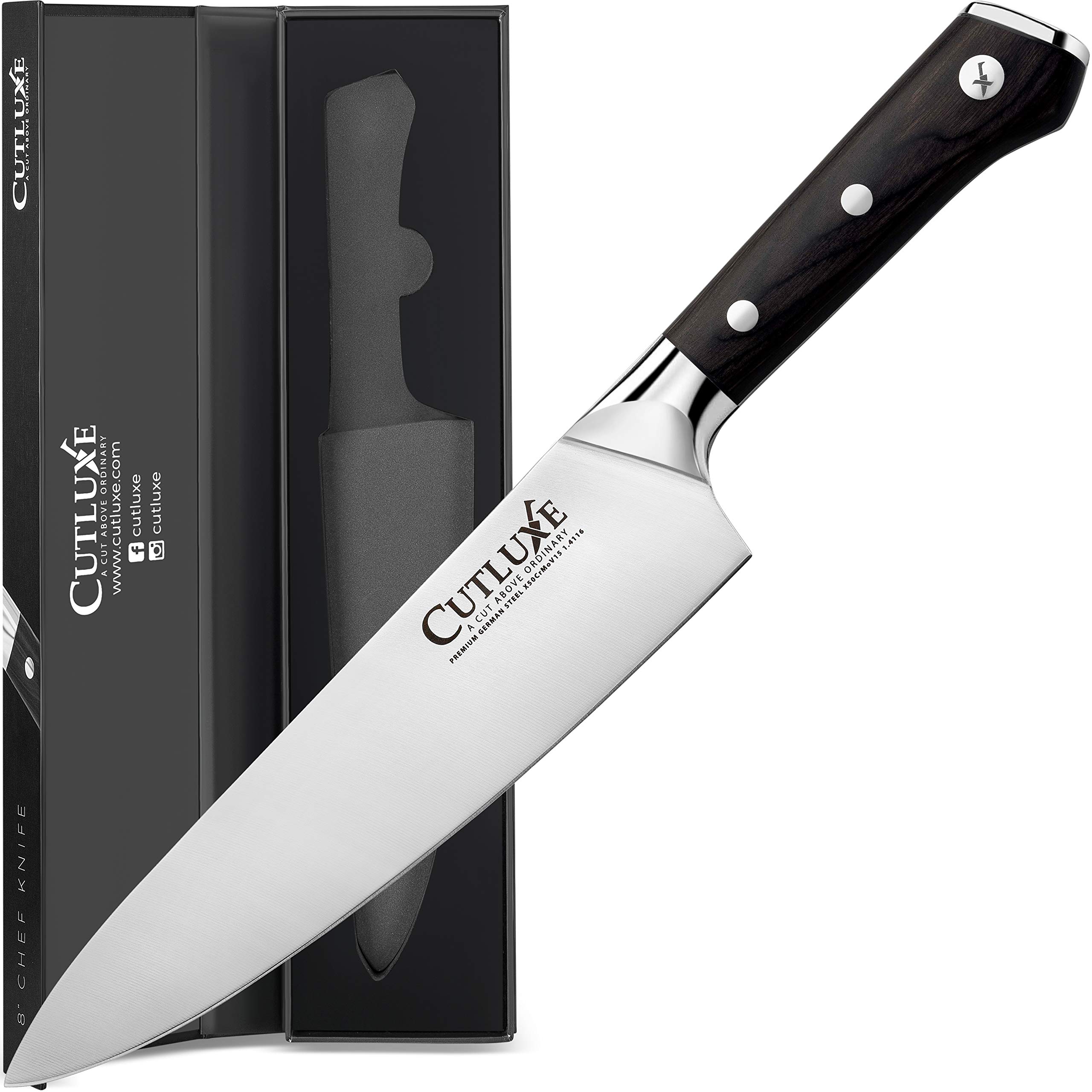 Cutluxe Chef Knife and Honing Steel Rod– Forged High Carbon German Steel – Full Tang & Razor Sharp – Ergonomic Handle Design – Artisan Series