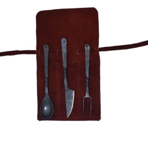 Viking Traders Hand-Forged Blacksmith Medieval Dining Hall Eating/Feasting Utensils set of 3 Piece Functional Fork Knife and Spoon Medieval Eating Set, with genuine leather pouch for easy carrying.