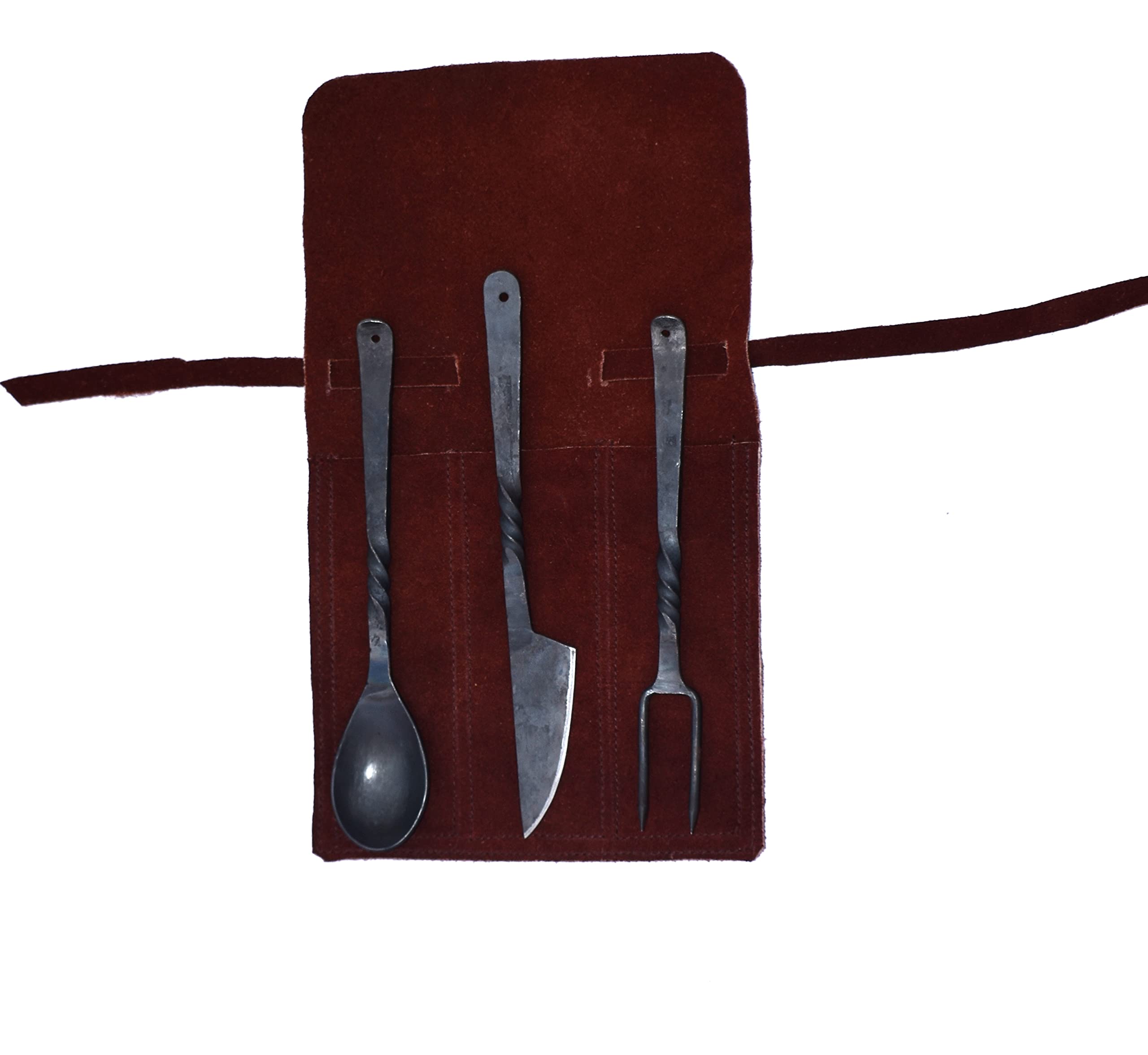 Viking Traders Hand-Forged Blacksmith Medieval Dining Hall Eating/Feasting Utensils set of 3 Piece Functional Fork Knife and Spoon Medieval Eating Set, with genuine leather pouch for easy carrying.