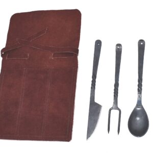 Viking Traders Hand-Forged Blacksmith Medieval Dining Hall Eating/Feasting Utensils set of 3 Piece Functional Fork Knife and Spoon Medieval Eating Set, with genuine leather pouch for easy carrying.