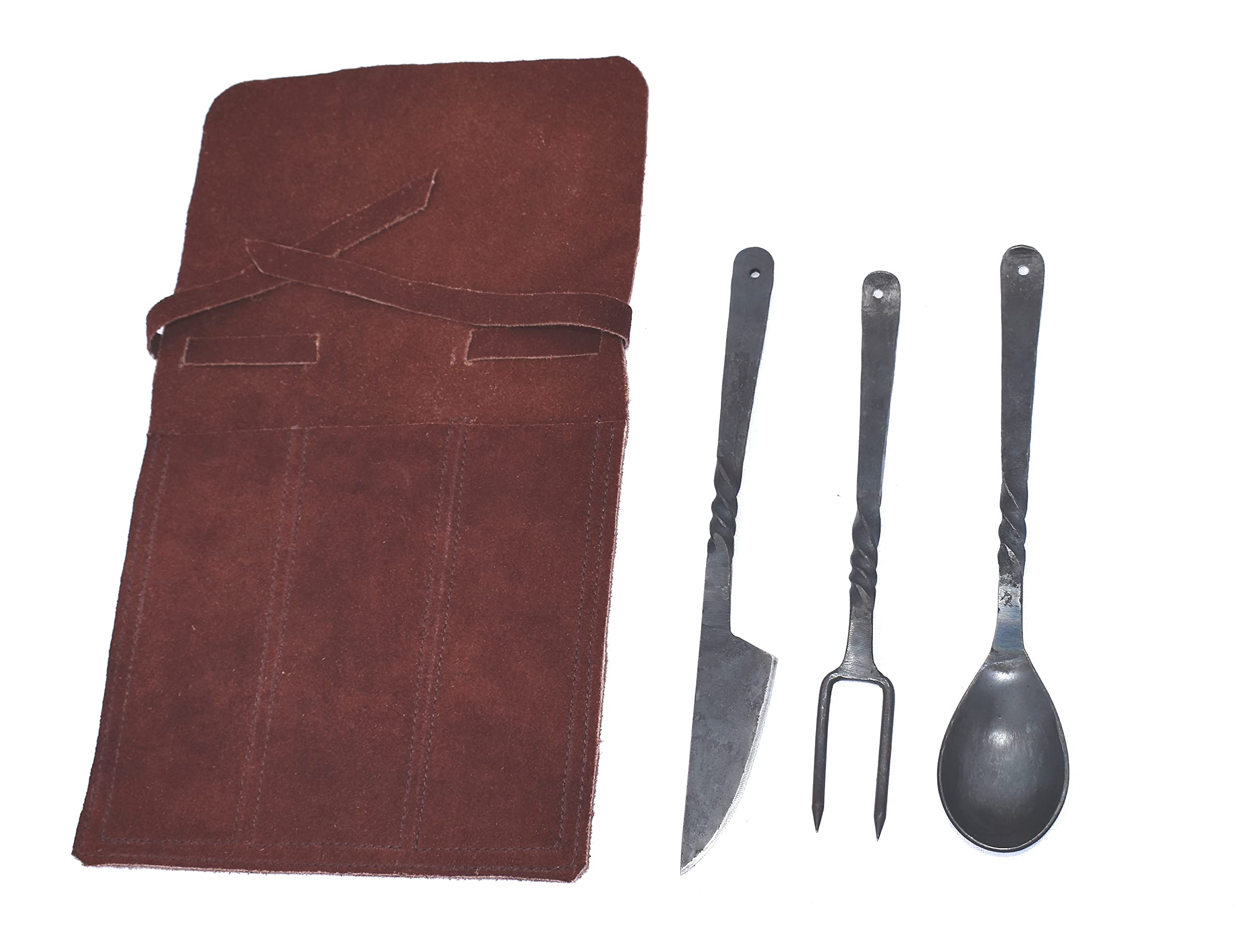 Viking Traders Hand-Forged Blacksmith Medieval Dining Hall Eating/Feasting Utensils set of 3 Piece Functional Fork Knife and Spoon Medieval Eating Set, with genuine leather pouch for easy carrying.