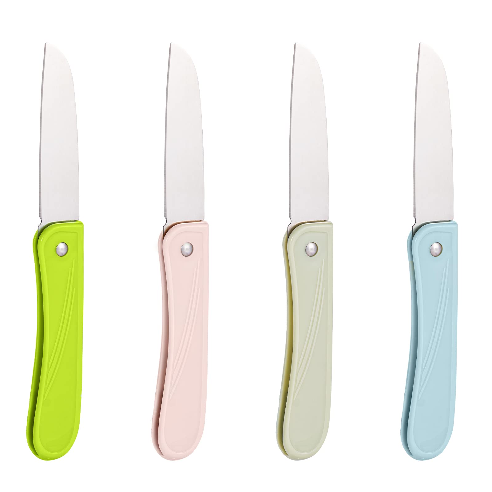 CHUYIREN Paring Knife, 4 Pcs Folding Knife, 3" Vegetable and Fruit Knife, Stainless Steel Small Kitchen Knife for Cooking, Peeling, Slicing, Picnics, & Travel, Pink/Green/Blue/Light Green