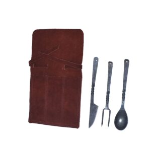 Viking Traders Hand-Forged Blacksmith Medieval Dining Hall Eating/Feasting Utensils set of 3 Piece Functional Fork Knife and Spoon Medieval Eating Set, with genuine leather pouch for easy carrying.