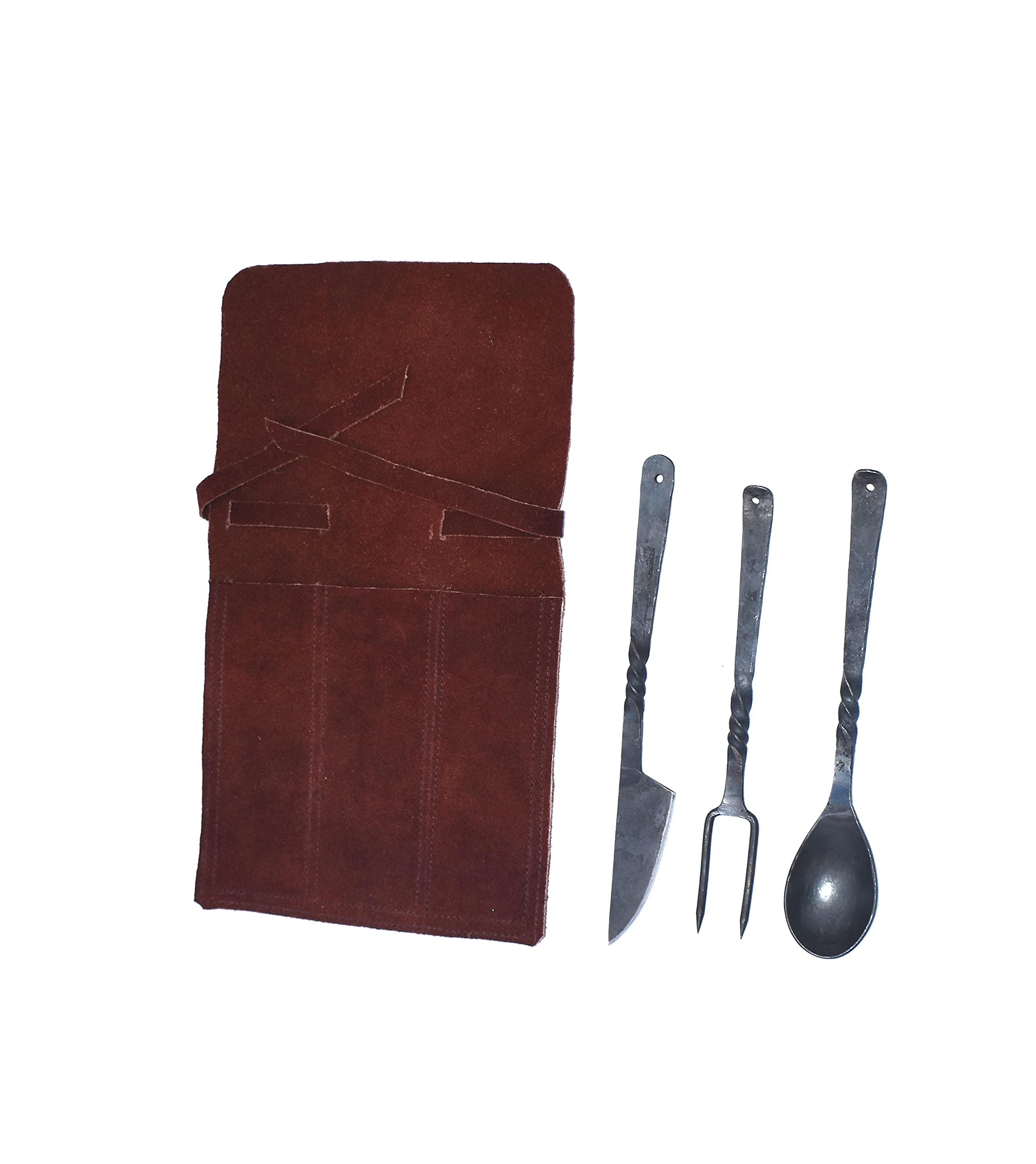 Viking Traders Hand-Forged Blacksmith Medieval Dining Hall Eating/Feasting Utensils set of 3 Piece Functional Fork Knife and Spoon Medieval Eating Set, with genuine leather pouch for easy carrying.